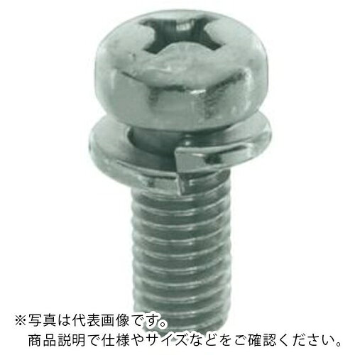 特長：十字穴付なべ小ねじにばね座金が組込まれており、脱落しません。組込み式なので作業効率が向上します。材質は鋼で耐食性向上のため、三価クロメートめっき(薄青っぽい色)がしてあります。用途：ボルトに比べ小さな部材の一般的な締結に使用します。生...
