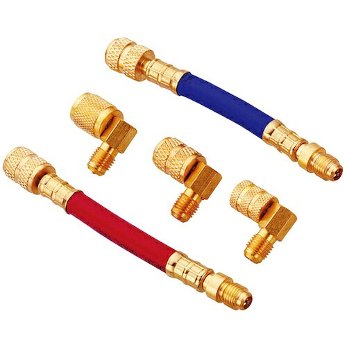 特長：各種整備用途にお使いいただけます。仕様：フレキシブルアダプター1/4×3/16　1本　1/4×1/8　1本　90°アダプター1/4X1/4　1個　1/4X3/16　1個　1/4X1/8　1個 サイズの違うR12用のアダプターセットです...