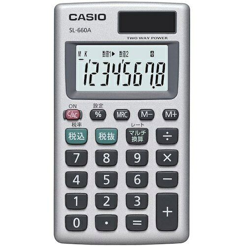 特長：優れた携帯性、カードタイプです。手帳型ケース付きです。8桁カードタイプスタンダード電卓です仕様：桁数：8縦(mm)：102.0横(mm)：57.0厚さ(mm)：6.9マルチ％税計算2早打ち機能オートパワーオフ電池寿命約3年セット内容／...