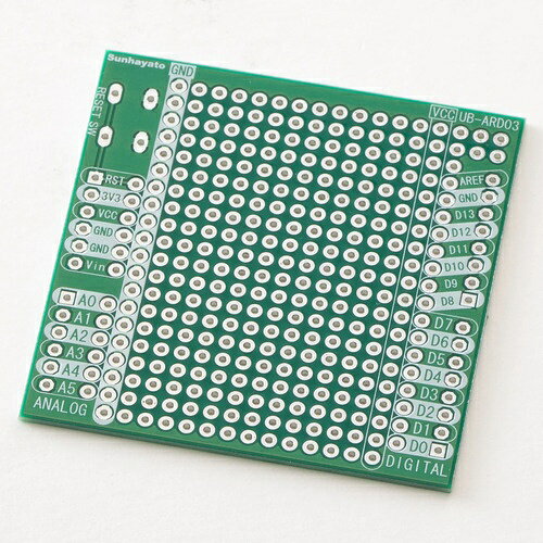 特長：コネクタ位置をArduinoに合わせています。コネクタの各ピンの信号名をシルク印刷で表記しています。はんだ付けしやすい大きなランドを採用しています。ArduinoのUSBコネクタ、電源コネクタに干渉しないショートサイズの基板です。用途...