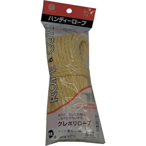 特長：強力でスレに強く、しなやかで扱いやすいロープです。用途：結束や荷物の固定に。仕様：色：黄標準幅(mm)：6長さ(m)：10切断荷重(kgf)：約370仕様：10mカット品ロープ仕様：3打ちカットロープ材質／仕上：ポリエステル/ポリエチ...