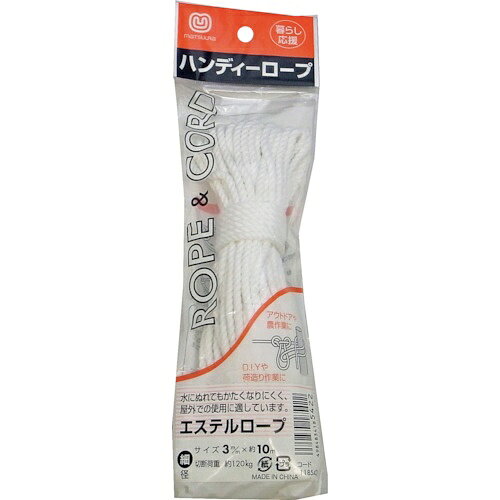 特長：耐候性に優れ、スリップしにくいロープです。用途：結束や荷物の固定に。仕様：色：白長さ(m)：10切断荷重(kgf)：約120太さ(mmφ)：3仕様：10mカット品ロープ仕様：3打ちカットロープ材質／仕上：ポリエステル注意：使用荷重目安...