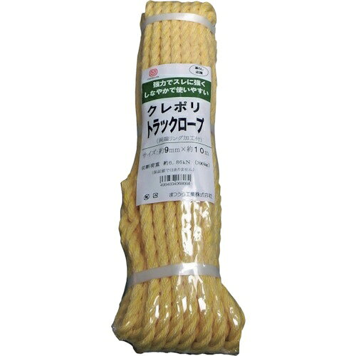 特長：強力でスレに強く、しなやかで扱いやすいロープです。用途：トラックの荷締めや荷物の固定に。仕様：色：黄長さ(m)：10切断荷重(kgf)：約720太さ(mmΦ)：9仕様：両端リング加工ロープ仕様：3打ちトラックロープ材質／仕上：ポリエス...