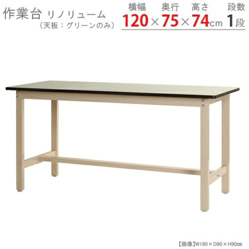 特長：耐荷重300kgタイプ。薬品にも強いリノリューム天板を採用。倉庫、工場、事務所での軽作業用として最適です仕様：天板材質：リノリューム間口(mm)：1200奥行(mm)：750高さ(mm)：740脚部カラー：ベージュキャスター取付ねじサ...