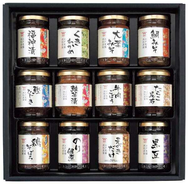 ●福神漬90g、くきわかめ75g、大葉みそ100g、鯛みそ100g、鰹ひじき40g、鮭茶漬60g、牛肉ごぼう55g、たらこ昆布50g、鶏そぼろ50g、のり佃煮95g、えのきだけ90g、黒豆100g■海の幸・山の幸を散りばめた、酒悦伝統の瓶詰...