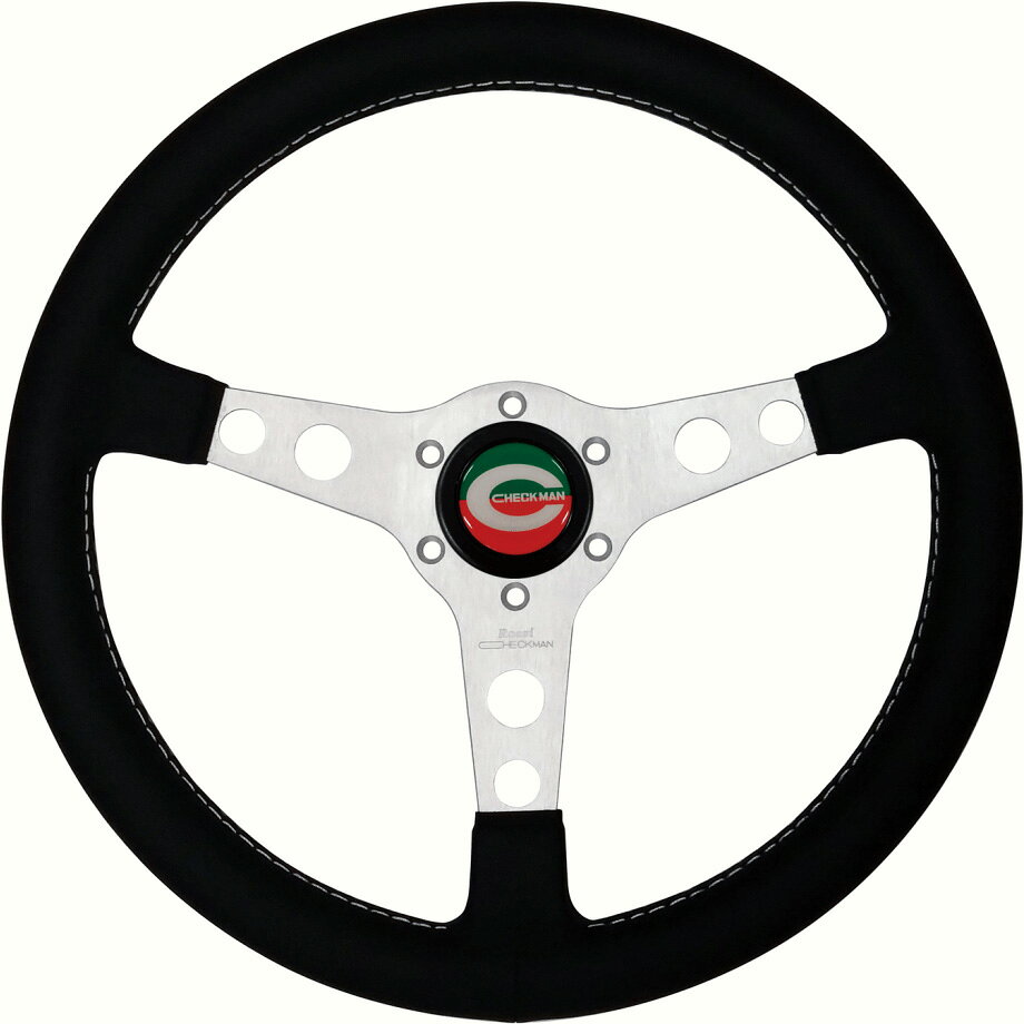 商品名：CMR チェックマンレーシング Rossi（ロッシ） スポーツステアリングホイール360mm 復刻モデルメーカー：汎用サイズ：外径 360mmフレーム色：シルバー（ヘアライン仕上）グリップ：本革（黒）付属品：ホーンボタン付属（ホーン...