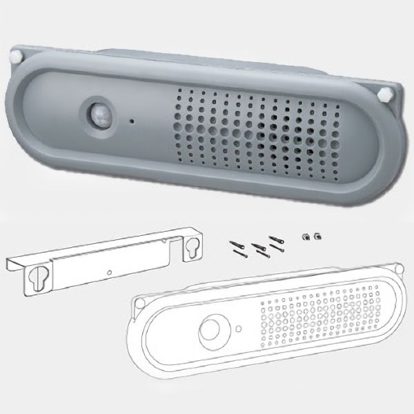 サイズ 100×340×45mm厚(背面突起除く) 重量 約600g(乾電池除く) 本体材質 ABS樹脂 録音時間 最大10秒間 使用場所 屋内・屋外(乾電池使用時) 防水性能 防雨構造 電池寿命 連続使用時間1200時間 検知方式 受動型...