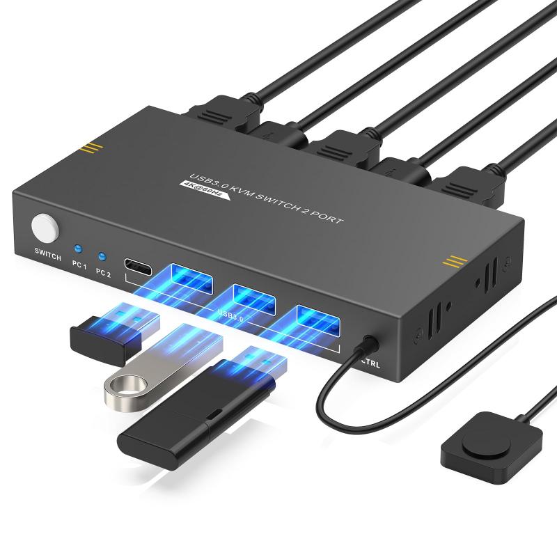 KVMスイッチ2入力1出力、KVM切替器パソコン2台モニター1台切り替え、4K@60Hz映像出力、PC切り替え機にはUSB 3.0×4（USB-A×3＋C×1）ポート、サポートキーボード/マウス/プリンター、リモコン&amp;切【2入力1出...