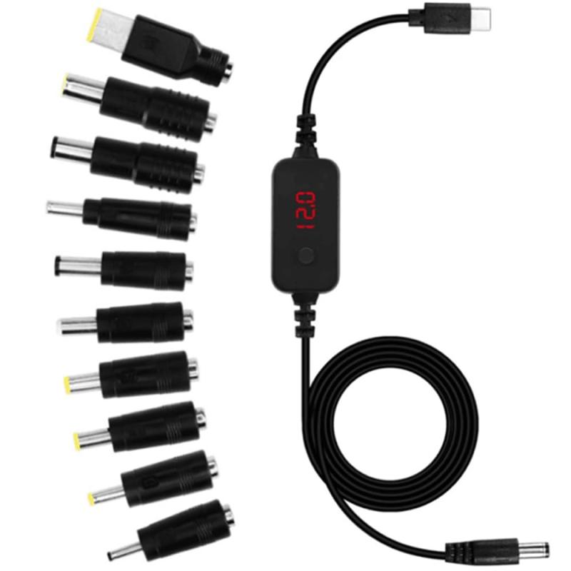 USB Type C PD ケーブル 変換プラグ付き USB-C to DC 5.5x2.5mm 丸口 LED表示 5V-9V-12V-15V-20V 電圧表示/調整可能 昇圧ケーブル 長さ1.2m 電源コネクタ 60w 負荷電流 3A 扇...