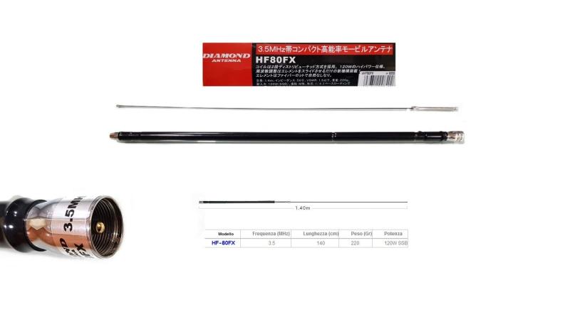 ダイヤモンド HF80FX モービルアンテナ HF-80FX全長：1.4m ●重量：220g耐入力:120W (SSB) ●インピーダンス:50ΩVSWR:1.5以下●接栓:M-P形式:1/4λベースローディング●空中線型式:垂直型