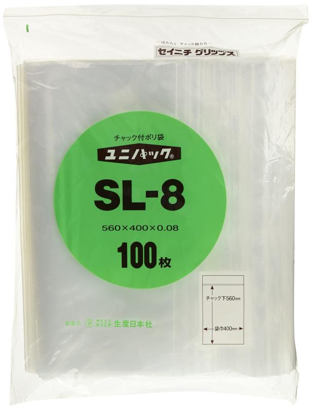 生産日本社 セイニチ ユニパック SL-8(チャック付ポリエチレン袋)100枚入 (1袋)品番: SL-8チャック下 x 袋巾 x 厚み: 560mm x 400mm x 0.08mm1袋: 100枚従来のユニパック、ユニパックマークに大袋...