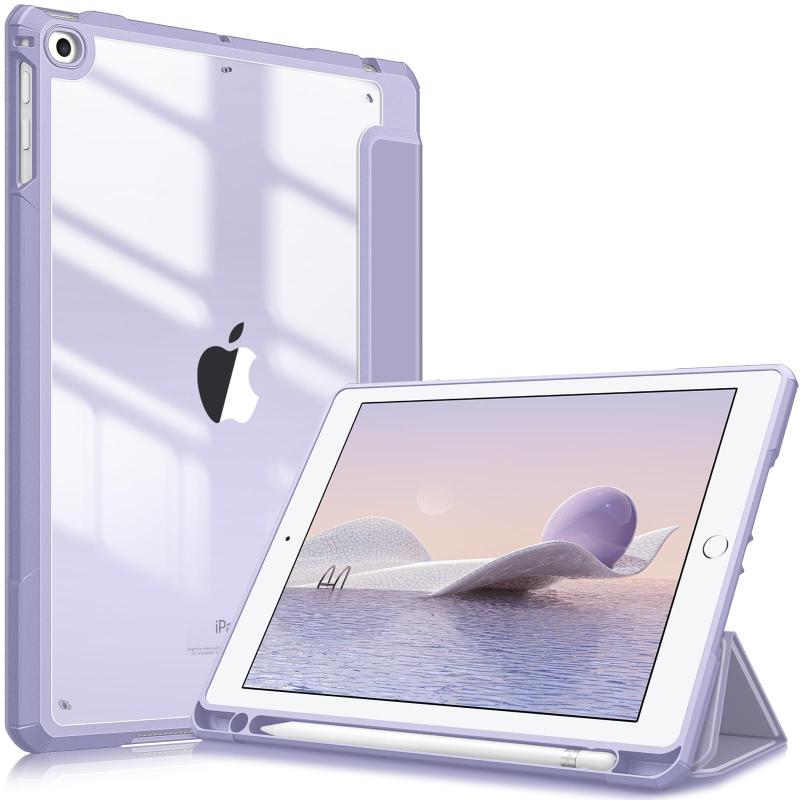 iPad 9.7 2018 2017 / Air 2 / 1 ケース 透明バックカバー Apple Pencil 収納可能 三つ折スタンド スリープ機能 軽量 薄型 傷つけ防止 PU合成レザー TPU 第6 / 5世代対応 (ライラックパー...