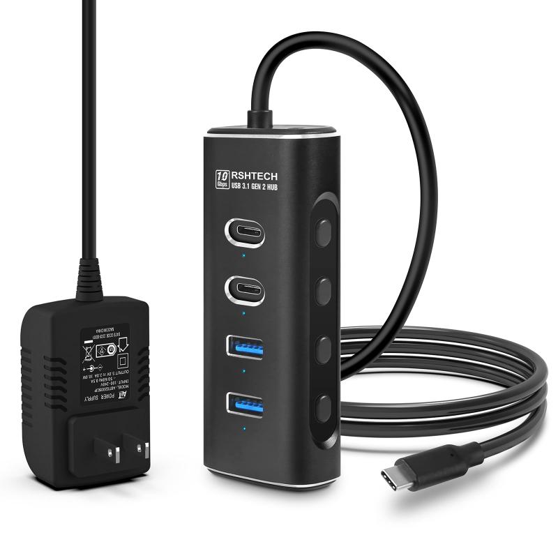 USB ハブ 3.2 gen2 4ポート10Gbps高速転送 USBポート増設 USB-C Hub セルフパワー・バスパワー 選べる給電方式 5V/2A電源アダプター付き OTG機能対応 過充電保護 USB作動LEDライト搭載 高放熱 アル...