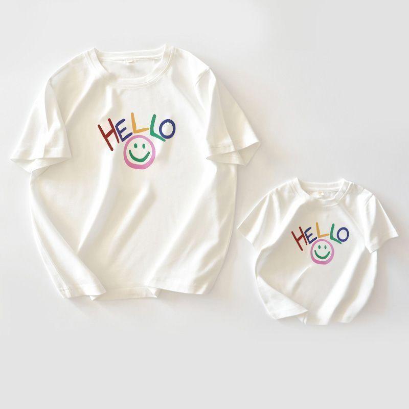 ・対象: 男女兼用・親子服の種類: Tシャツ・スタイル: カジュアル・シーズン: 夏・柄: 無地、プリント・素材: 綿・主な素材の含有量: 96-100%・安全等級: C・カラー: ホワイト(FAMTLY, HELLO笑脸, 笑脸, トラ,...