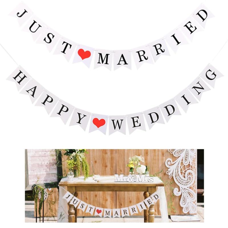 結婚式用ガーランド 2種セット ウェディングパーティーバナー Happy Wedding/Just Married 結婚式 お祝い 写真背景 前撮りや会場飾りに最適【セット内容】Happy Weddingガーランド×1、Happy Wedd...