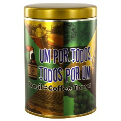 珈琲問屋 オリジナル缶 【ブラジル デザイン(金)】シッカリとした密閉度が売りです！当店の焙煎したて珈琲は、是非この缶で保存を！缶サイズ：直径95mm×高さ138mm（コーヒー豆で約290g入ります）ブラジルは珈琲の大規模農園が多く機械化が...