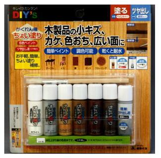 建築の友　かくれん棒　ちょい塗り　6色ペイント　ツヤ出し液（ツヤあり）品番：CYN30木製品の小キズ、カケ、色おち、広い面に！！○簡単ペイント ○調色可能。 ○乾くと耐水