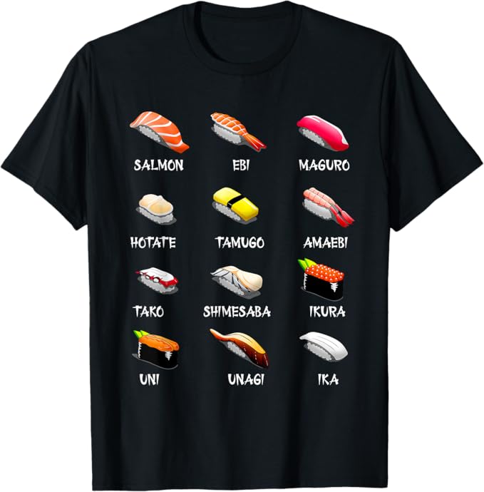 メーカー希望小売価格はメーカーサイトに基づいて掲載しています寿司料理 日本料理 カワイイ ギフト Tシャツ 男女兼用 Tシャツ メンズ 半袖 半袖Tシャツ 春服 夏 （背面印刷可・備考必須） このデザインは、サーモン、エビ、マグロ、ホタテ、...