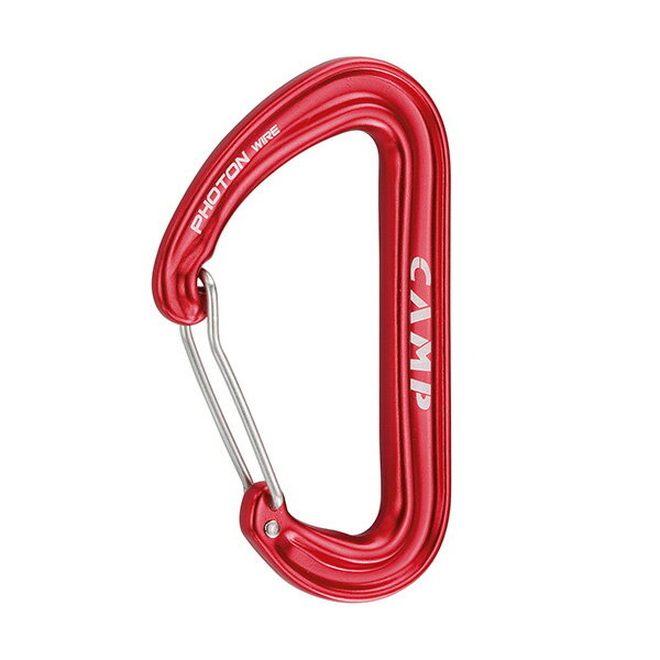 Photonのボディにワイヤーゲート仕様でさらに軽量化されたカラビナ。ポピュラーなカムカラ—と組み合わせできる8色展開。高さ：100mm幅：62mmゲート幅：26mm重量：約30gクローズドゲート：22kNオープンゲート：9KNマイナーアク...