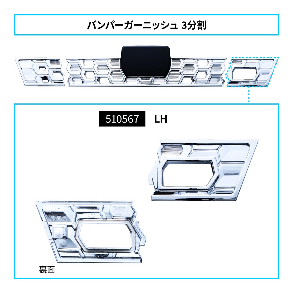 【商品コード：510567】JET INOUE/ジェットイノウエ製品になります。在庫/納期につきましてはお気軽にお問い合わせ下さい。’20キャンター標準車用メッキバンパーガーニッシュ。ミリ波レーダー部分は樹脂素材のままガーニッシュをメッキ化...