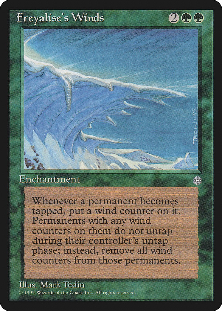 商品説明 ふりがな Freyalise's Winds 言語 英語 収録パック アイスエイジ(ICE) 型番 ICE-241 レアリティ レア カード種別 マナコスト (緑)(緑) タイプ エンチャント テキスト パーマネントがタップ状態に...