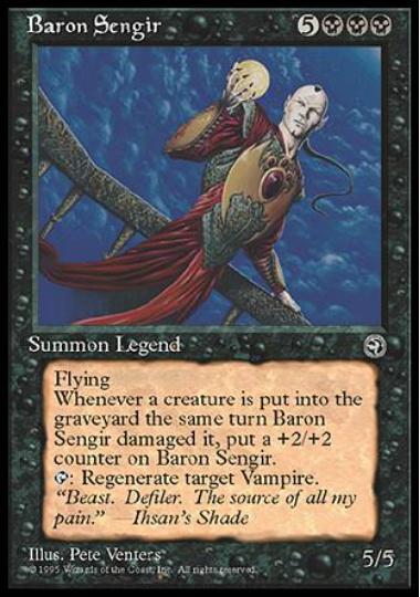 商品説明 ふりがな Baron Sengir 言語 英語 収録パック ホームランド（HML） 型番 HML-41 レアリティ アンコモン カード種別 マナコスト (黒)(黒)(黒) タイプ 伝説のクリーチャー - 吸血鬼(Vampire) ...