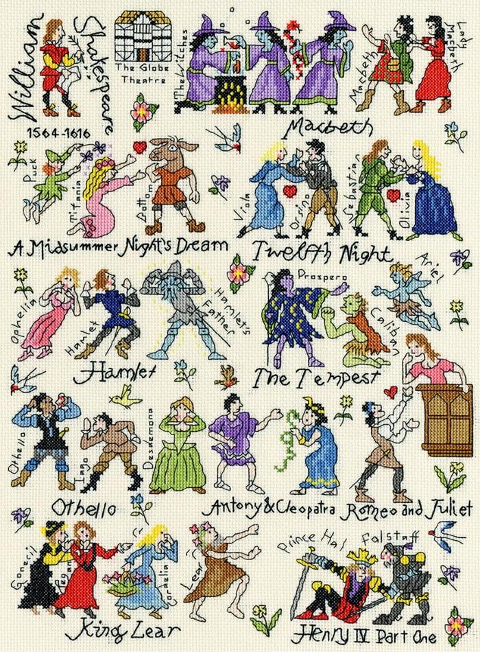 【はじめにご覧ください】→輸入(取り寄せ)刺繍キットの納期についてイギリスの劇作家シェイクスピアの作品をサンプラーに仕立てました。主にクロスステッチで刺し、一部はバックステッチやフレンチノットで刺します。○出来上がりサイズ：28×38cm ...
