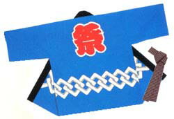 基本仕様 身丈：85cm 身巾：68cm 生地：シャークスキン（木綿100％） 加工：顔料染め 付属：巾6×長さ165cm帯付きイベント・お祭り用半天（はんてん・はっぴ）