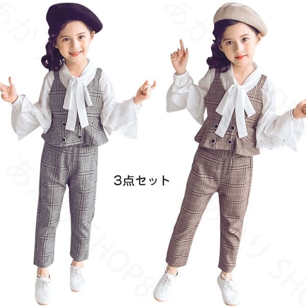 素材：ポリエステル 商品内容：ブラウス+ベスト+パンツ カラー：写真色 生産国：中国 サイズ：110/120/130/140/150/160 ※平置き採寸となりますので、2-3cmの誤差についてはご容赦下さい。 ◆注意事項◆ ◆モニターによ...