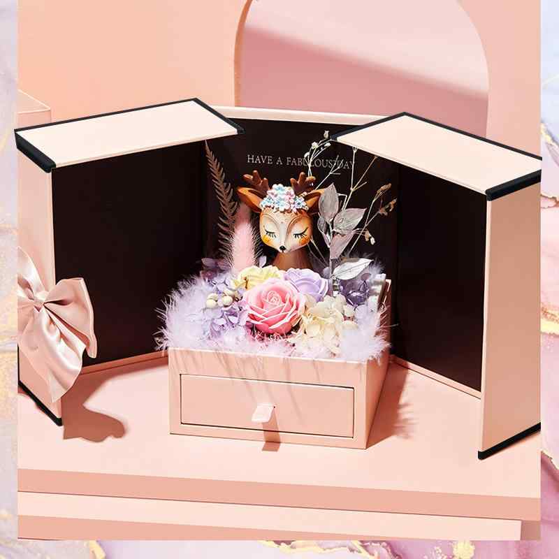 2個セット小物入れ 永生花 ライト付き シカ ジュエリーボックス ピンク系 ・素材: 紙/紙板・規格: 13.5x13x17.5cm・誤差: 0.1cm