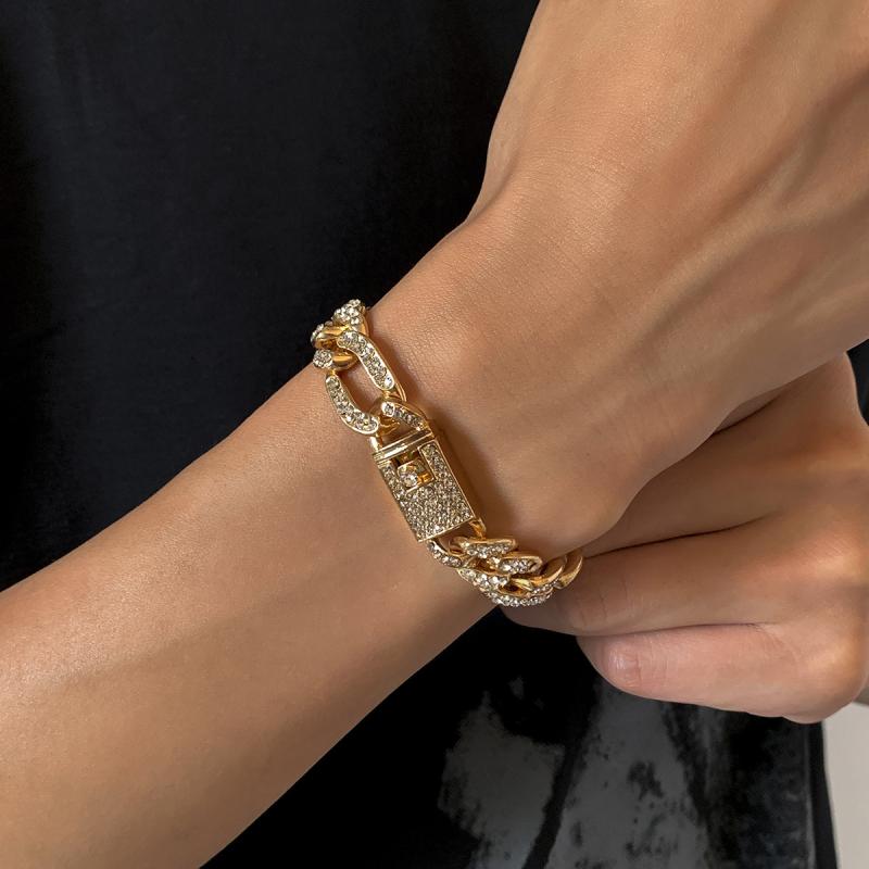 ブレスレット メンズ 男性用 喜平チェーン ヒップホップ ストリート ラッキーアイテム 幾何学模様 幾何学形 合金 水晶 ラインストーン ゴールド 金色