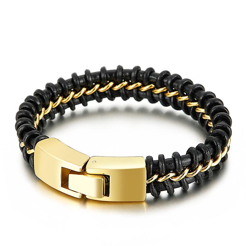 ブレスレット メンズ 男性用 朋克風 ヒップホップ風 レザー チタン鋼 編み込み ヴィンテージ風 スタイル 金色 スチールカラー