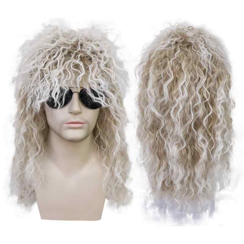 ウィッグ 男性用 70 80年代風 パンク ロック ロング 巻き髪 カーリーヘア ハロウィン 舞台 演出 コスプレ 仮装パーティー イベント 通気性 自然 黒髪