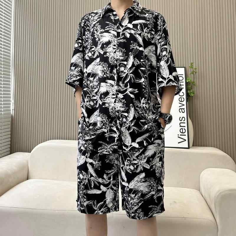 パジャマ メンズ 男性用 綿 春夏 半袖 短パン 上下セット 部屋着 寝間着 ルームウェア 涼しい 通気性 快適 薄手 リーフ柄 ブラック系