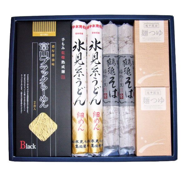 富山を代表する、うどん、そば、ブラックらーめんの詰合せ 賞味期限 製造日より1年 内容量 高岡屋氷見糸うどん200g×2、鶴亀そば200g×2、ブラックらーめん80g×2食、麺つゆ（20ml×7P）×2 商品サイズ 縦　28　×　横31　×...