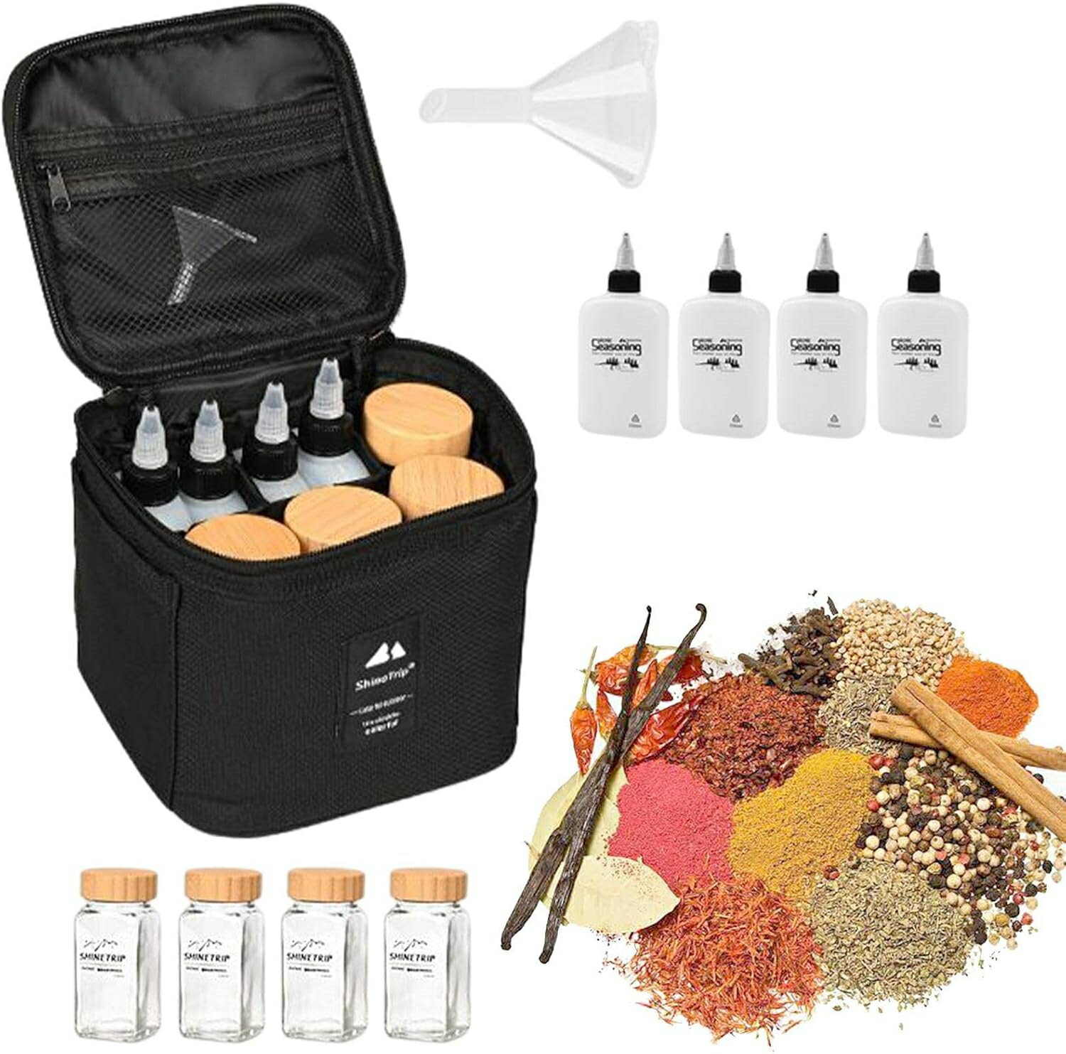 【手持ちデザイン】便利な手持ちデザインも採用。このトラベル キャンプ シーズニング ポーチは、化粧品バッグ、トラベル ウォッシュ バッグ、アウトドアの小さなアクセサリー 雑貨バッグなどとして使用できます。 【大容量設計】調味料ボトル8本で大...