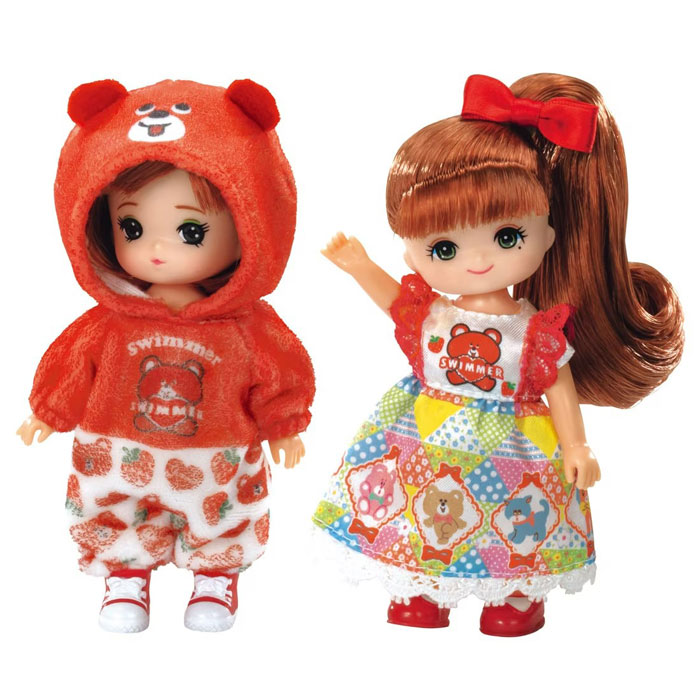 雑貨ブランド「SWIMMER」とコラボレーションした ミキちゃんとマキちゃんのセットが登場！ SWIMMERのマスコット「スイクマ」デザインの ロンパースを着たミキちゃんと、 かわいいワンピースを着たマキちゃんのセットです。 それぞれクツが...