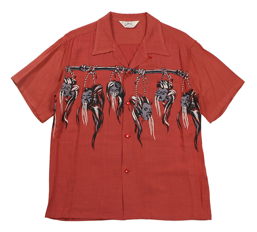 商品情報商品説明/素材STAR OF HOLLYWOOD-HOPSACK RAYON OPEN SHIRT “SHRUNKEN HEAD” Lot No. SH39705-Mid 1950s / Hopsack Rayon / Discha...