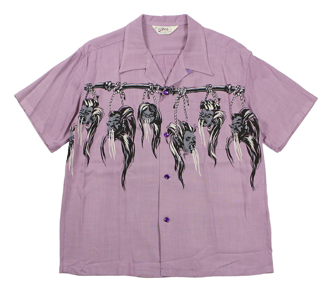 商品情報商品説明/素材STAR OF HOLLYWOOD-HOPSACK RAYON OPEN SHIRT “SHRUNKEN HEAD” Lot No. SH39705-Mid 1950s / Hopsack Rayon / Discha...