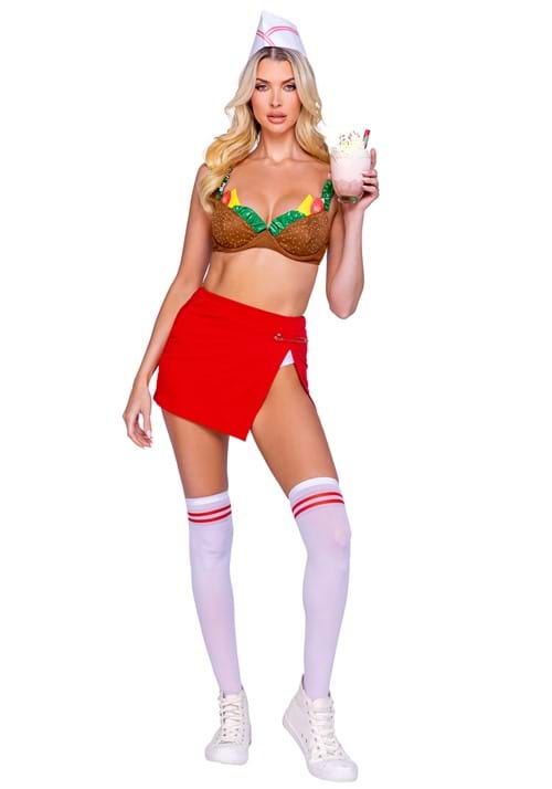 ハンバーガーをモチーフにしたセクシーなコスプレ衣装です。ハロウィン、仮装パーティー、イベントで注目の的になること間違いなし。 ▶ セット内容 ✓ ブラ ✓ スカート（安全ピン付き） ✓ ...