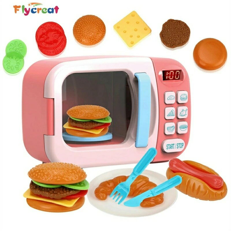 本物そっくりな電子レンジでごっこ遊び 実際に「チン」と音が鳴り、ボタンを押すとターンテーブルが回転します。お母さんやお父さんの家事に興味を持つお子さまが、「やってみたい！」という気持ちを叶えるリアルな構造です。おもちゃのハンバーガー、パン、...