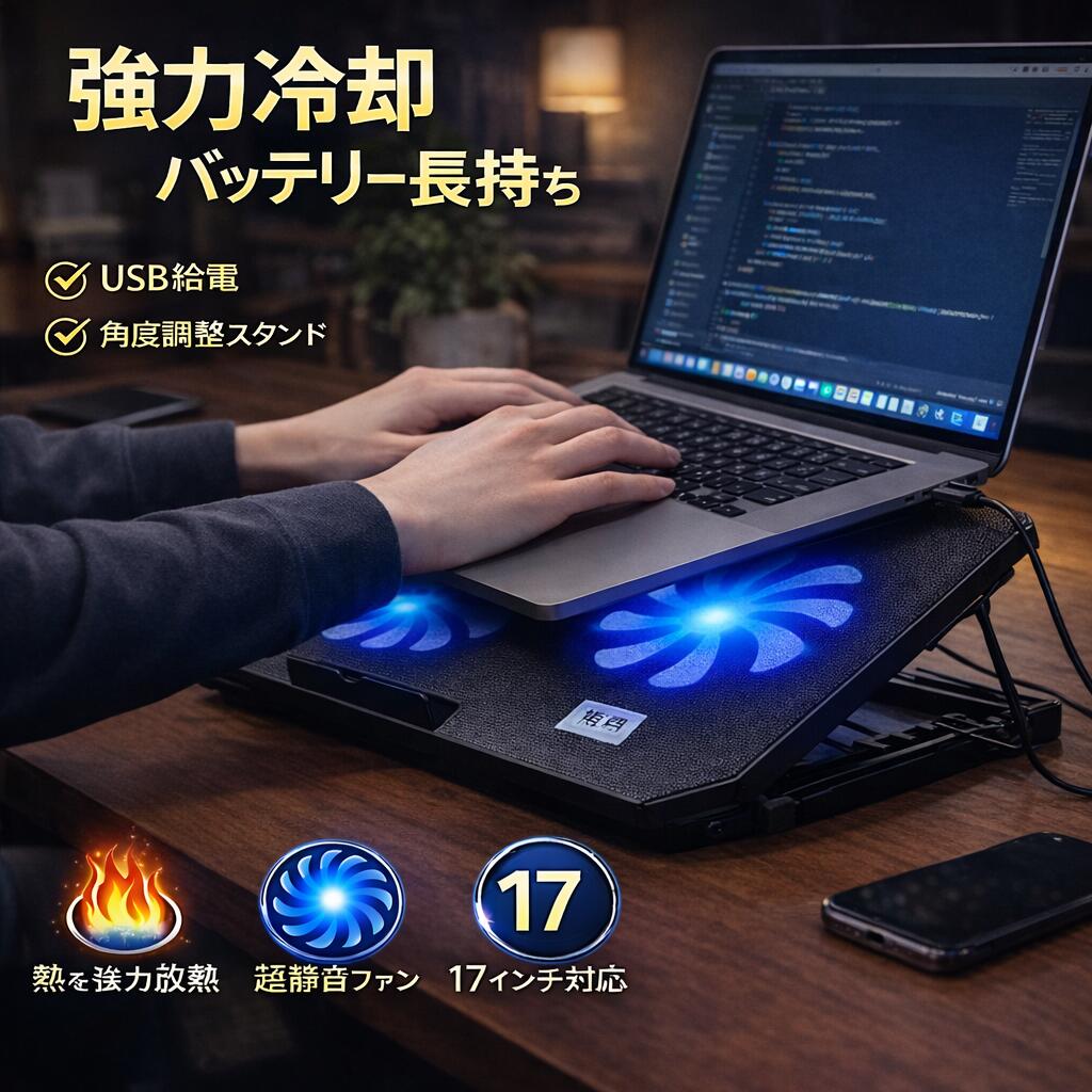 ノートパソコンは内部に熱がこもりやすく、放置すると本体内部の温度が上昇し故障の原因になります。また夏場など特に熱を持つと、バッテリーや本体の寿命に関わってきます。本冷却装置はファンによる回転、送風によりパソコン温度の上昇を防ぎます。 流体力...