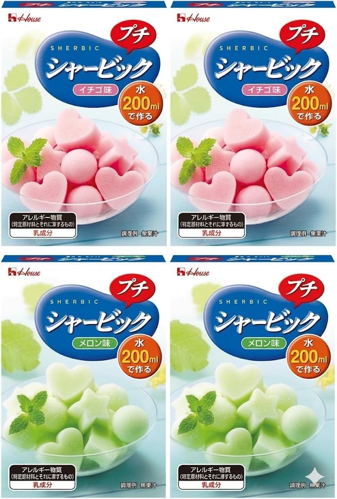 商品の説明 プチ シャービック イチゴ味43g×2 メロン味43g×2 計4箱セット 【イチゴ】イチゴ味の甘酸っぱいフルーティーなおいしさが楽しめます。(無果汁) 【メロン】メロン味のフルーティーなおいしさが楽しめます。(無果汁)
