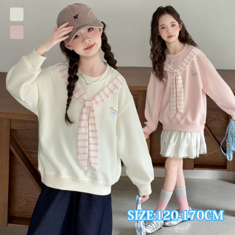 商品名：おしゃれ キッズ トレーナー 女の子 春物 トレーナー 綿 子供服 女の子 長袖 かわいい プルオーバー キッズ ストライプショール付き ガールズ トップス スエット リブ袖口 カジュアル 保育園 普段着 通園 通学 運動会 お出か...
