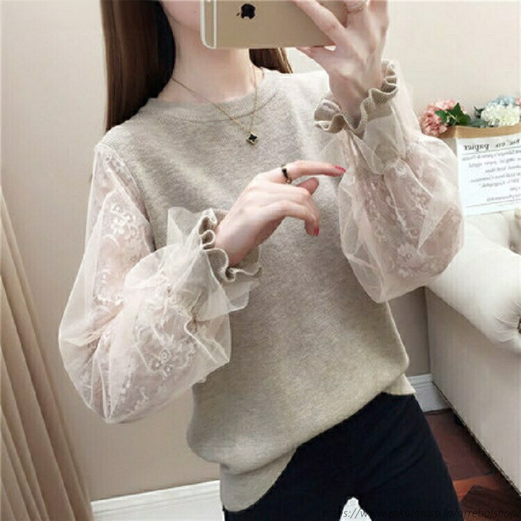 商品名シャツ ブラウス レディース トップス Tシャツ 長袖 ワイシャツ 無地 春秋 通勤 OL 新作 袖レース 袖レースtシャツ カーキ グレー ブラック あんずカラーカーキ,グレー,ブラック,あんず色サイズフリーサイズ素材コットン85%...