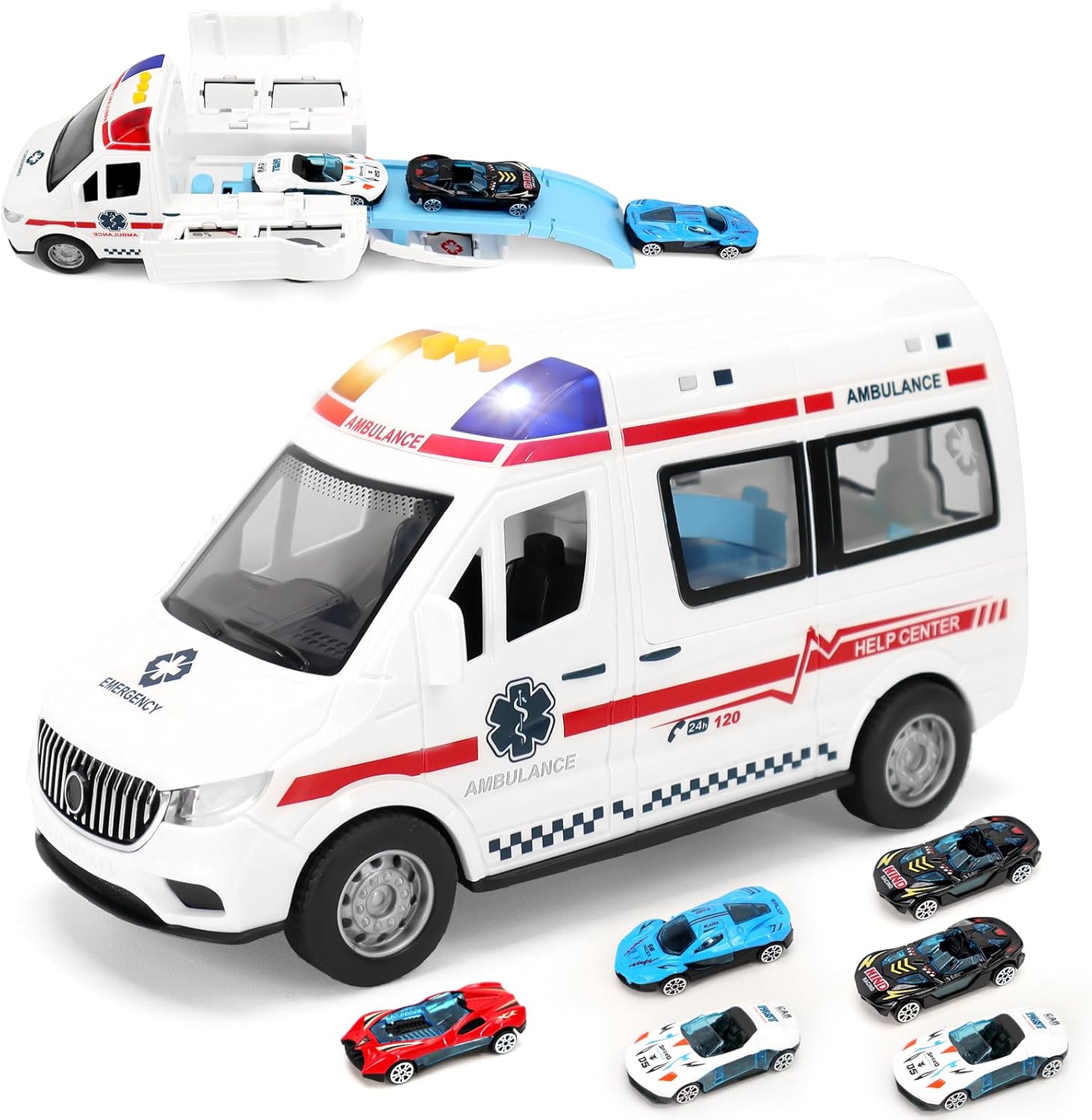 【リアルな救急車デザイン】本物そっくりの救急車おもちゃ。トップの3つのボタンで、救急サイレン音・エンジン音・教育音楽を切り替えられ、光と音で臨場感を演出。 【6台合金ミニカー付き】セットにはランダムカラーのミニカー6台が付属。丈夫な合金製で...