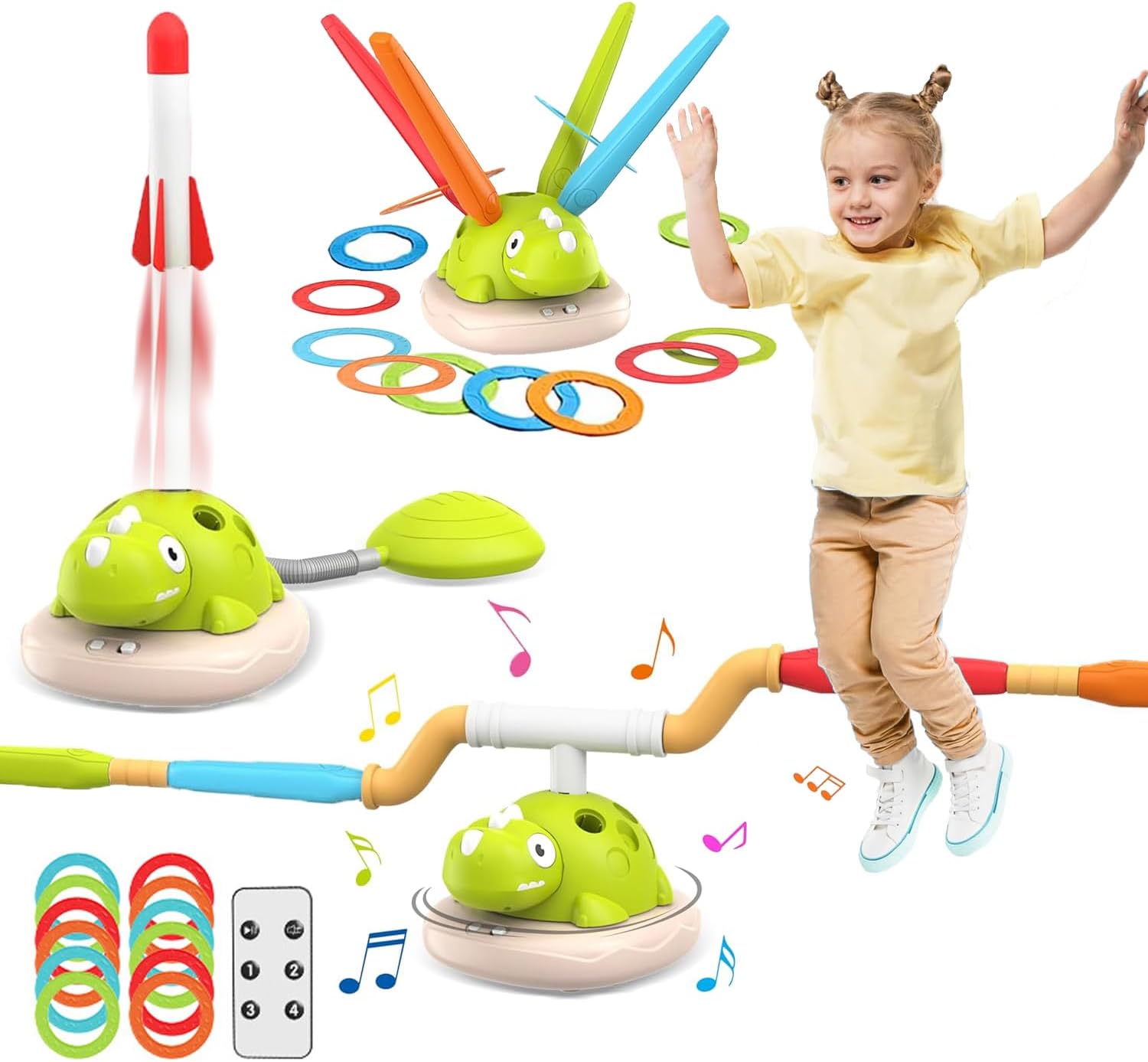 【3 in 1 スポーツ屋内外用恐竜おもちゃ】お子様は、恐竜のおもちゃを使って 3 つの異なるスポーツ ゲームを楽しむことができます。ゲーム 1: 回転ポールジャンプ&ハードル。ゲーム 2: 子供用ロケットランチャー。ゲーム 3: 電動回転...