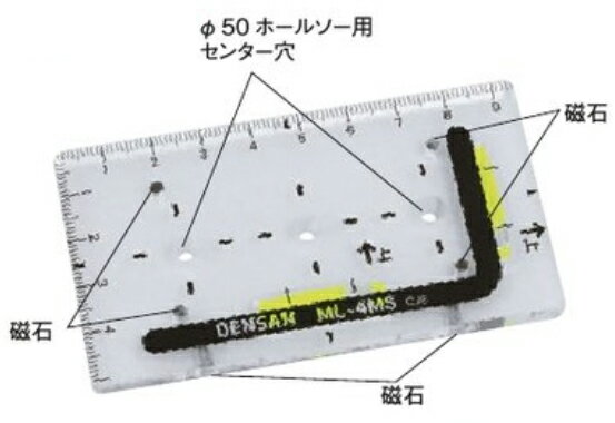 正面、背面、側面に磁石付●φ50mmのホールソー用ケガキ穴付●厚さ6mmのスリムタイプ●磁石付●目盛り付●サイズ：95×51×6mm●質量：35g検索用カテゴリ702