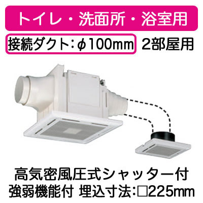 単相100V適用パイプ・ダクト寸法：φ100mm埋込寸法：□225mmBL規格多室(2室)用III型 低騒音形スタンダード格子タイププラスチック製 ツインエアロファン強弱機能高気密風圧シャッター、3極設置形差込み引掛けプラグ電源コード付（有...