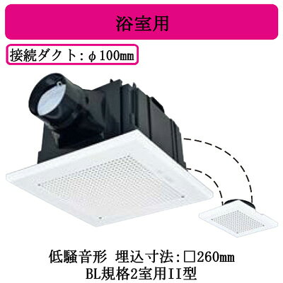 単相100V適用パイプ・ダクト寸法：φ100mm埋込寸法：□260mmボディ：プラスチックファン：プラスチック(シロッコファン)グリル：プラスチック(十字格子)■特長●グリル部と羽根部にデュアルバリアマテリアル採用●高効率羽根「デルタシロッ...